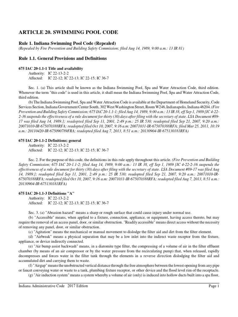 Indiana Swimming Pool Code Establishes Definitions and General ...