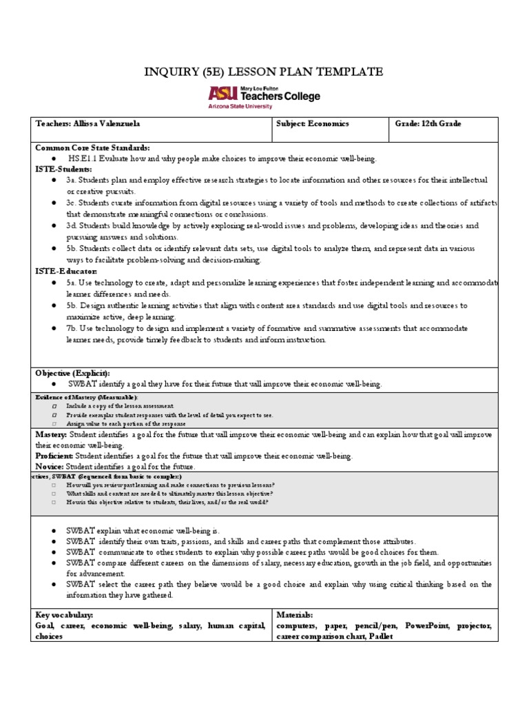 Inquiry 5e Lesson Plan Template | PDF | Educational Assessment | Goal