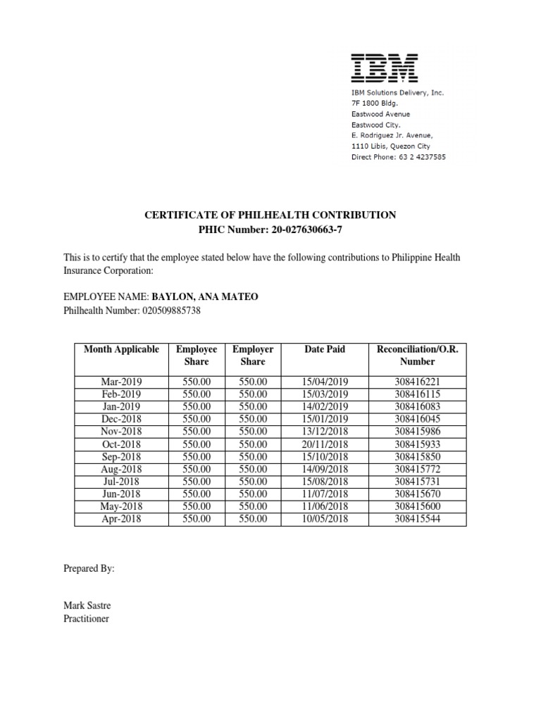 PhilHealth Contribution Certificate Sample | PDF