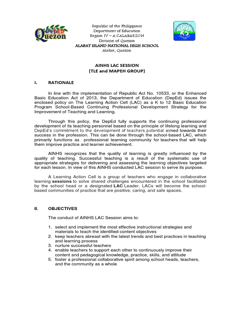 Ainhs Lac Session (Tle and Mapeh Group) I. Rationale: II. Objectives ... Ainhs Lac Session (Tle and Mapeh Group) I. Rationale: II. Objectives ...