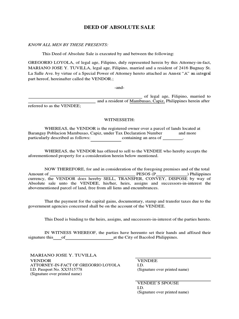 Deed of Absolute Sale | PDF | Identity Document | Deed
