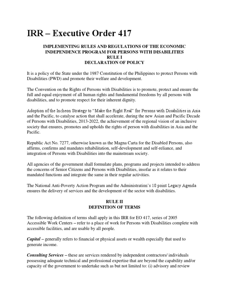 IRR - Executive Order 417 | PDF | Resource | Disability
