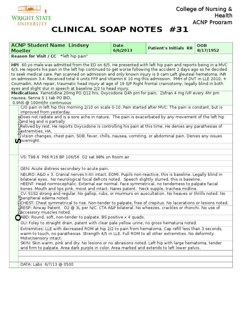Clinical Soap Notes #31: ACNP Student Name Lindsey Moeller | Pain ...