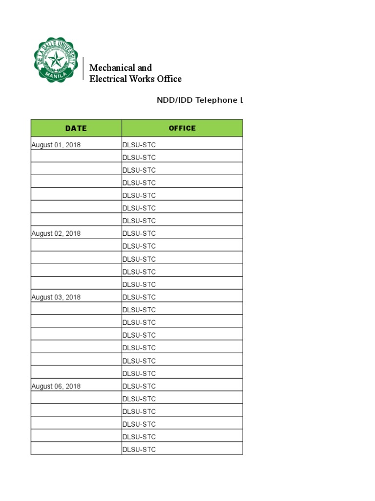 NDD and Idd Telephone Log Records of Dlsu-Stc - Month of August 2018 ...