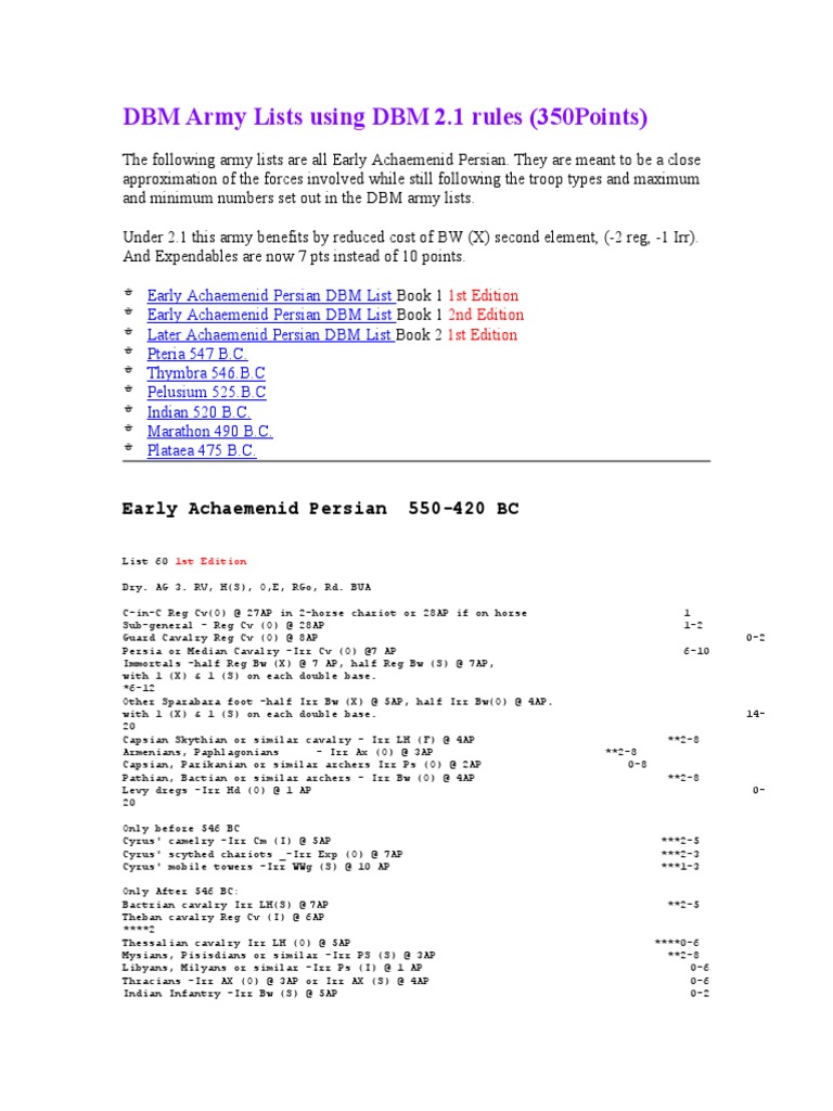 DBM Army Lists Using DBM 2.1 Rules (350points) : Early Achaemenid Persian 550-420 BC | PDF ...