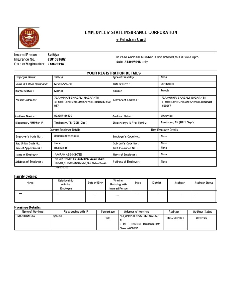 Employees' State Insurance Corporation E-Pehchan Card | PDF | Labor ...