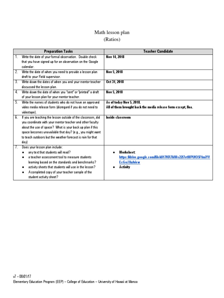 Math Lesson Plan (Ratios) : Preparation Tasks Teacher Candidate | PDF ...