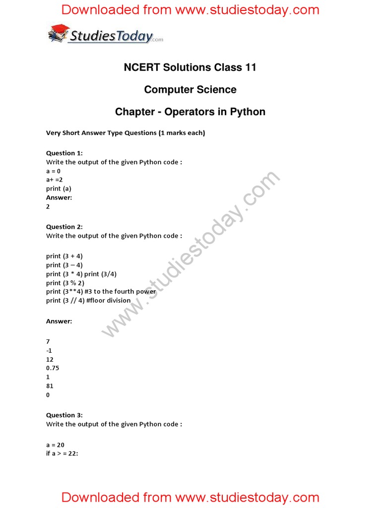 Ncert Solutions Class 11 Computer Science Operators In Python Pdf Pdf C Programming
