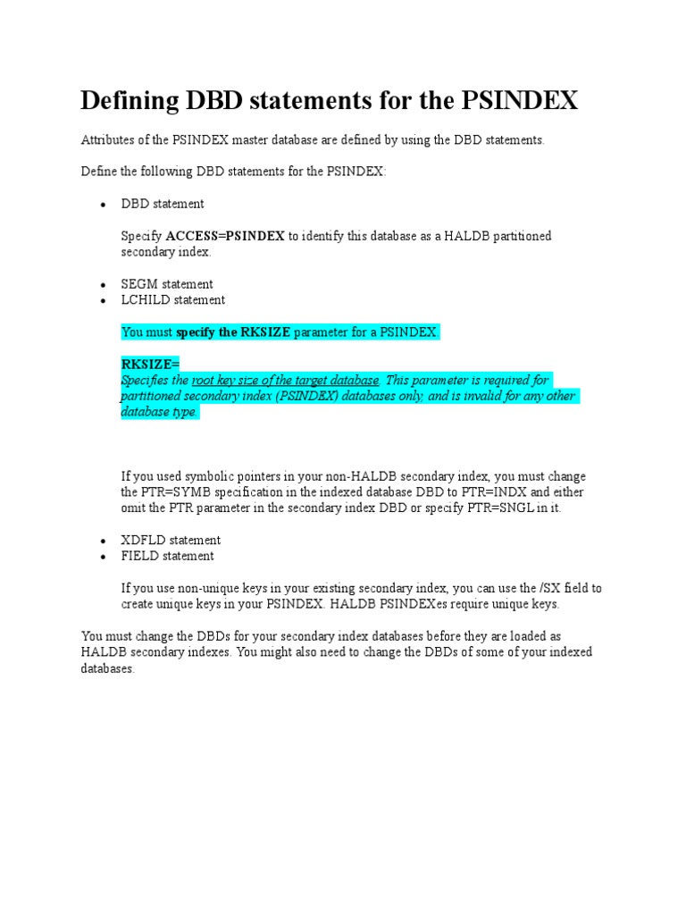 Defining DBD Statements For The PSINDEX | Download Free PDF | Database Index | Pointer (Computer ...