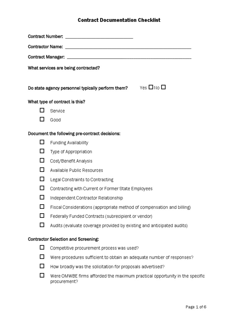 Contract Checklist | PDF | Independent Contractor | Audit