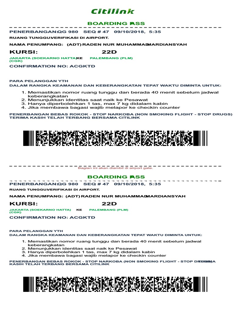 Boarding Pass Citilink PDF | PDF