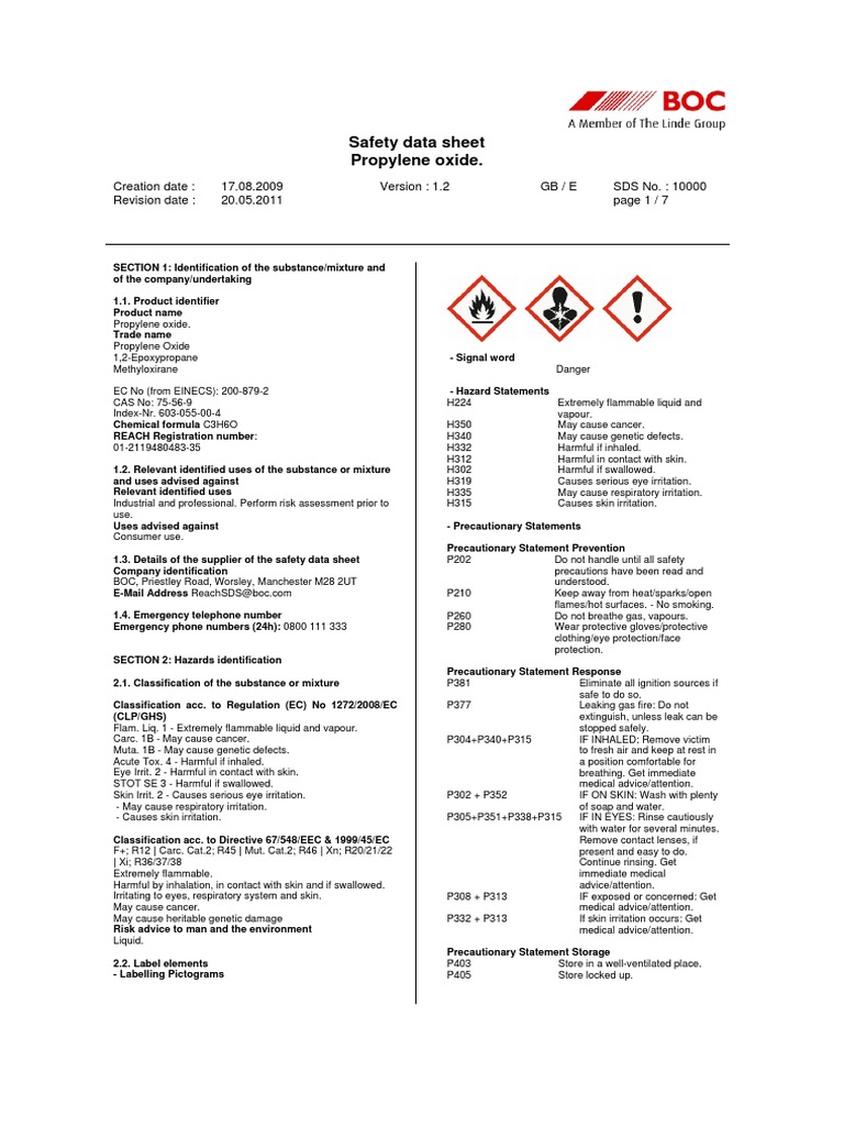 Safety Data Sheet Propylene Oxide | PDF | Toxicity | Personal ...