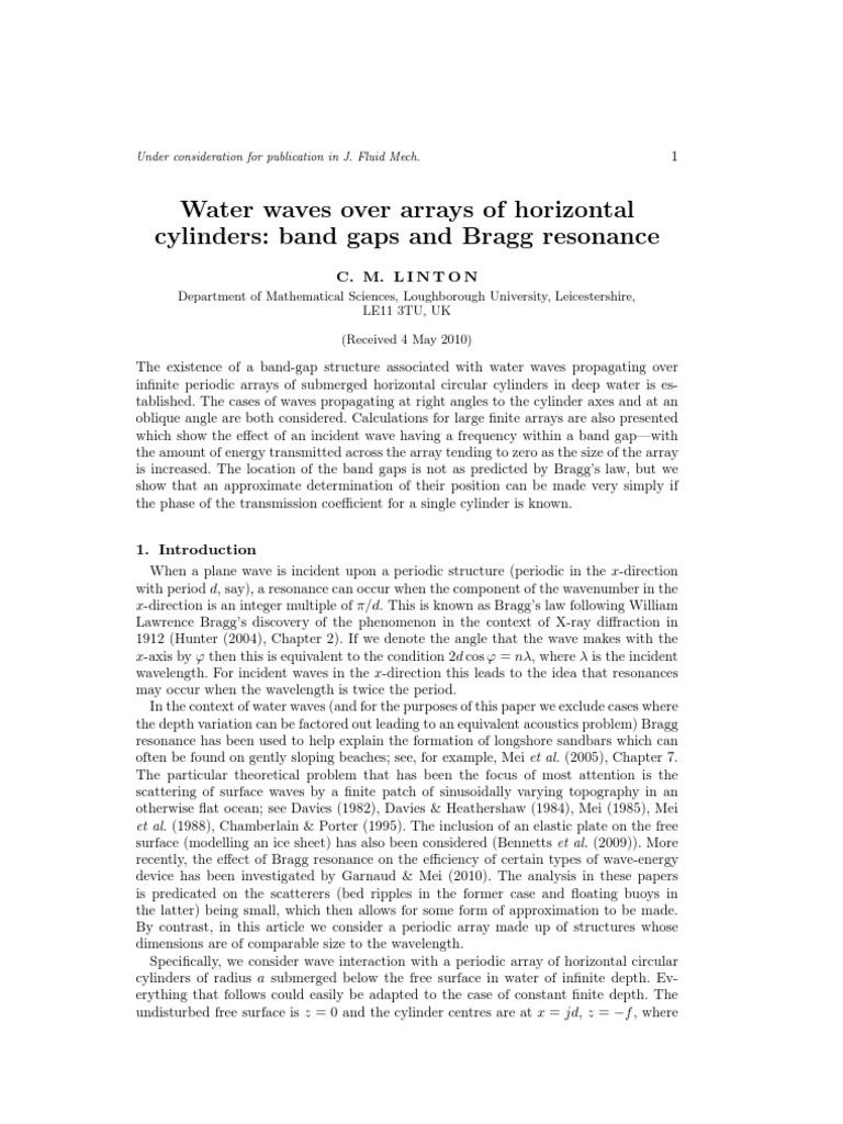 Water Waves Over Arrays of Horizontal Cylinders: Band Gaps and Bragg Resonance | Download Free ...