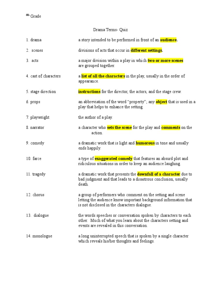 Drama Quiz Terms | PDF | Play (Theatre) | Entertainment