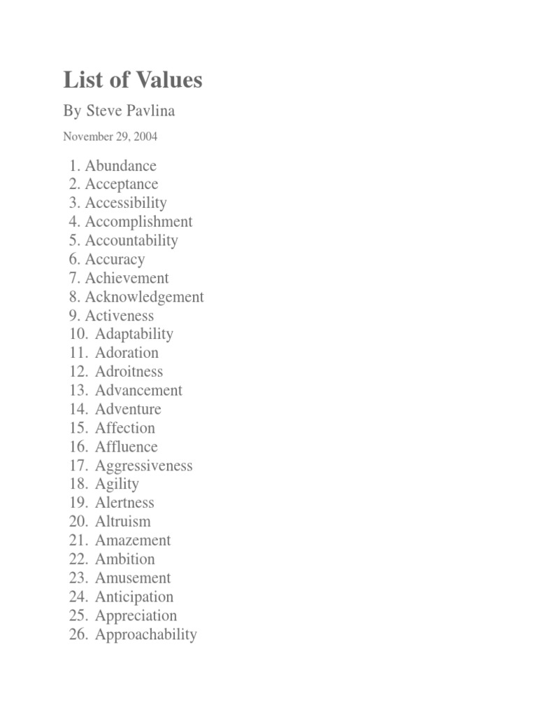 List of Values | PDF | Metaphysics Of Mind | Value (Ethics)