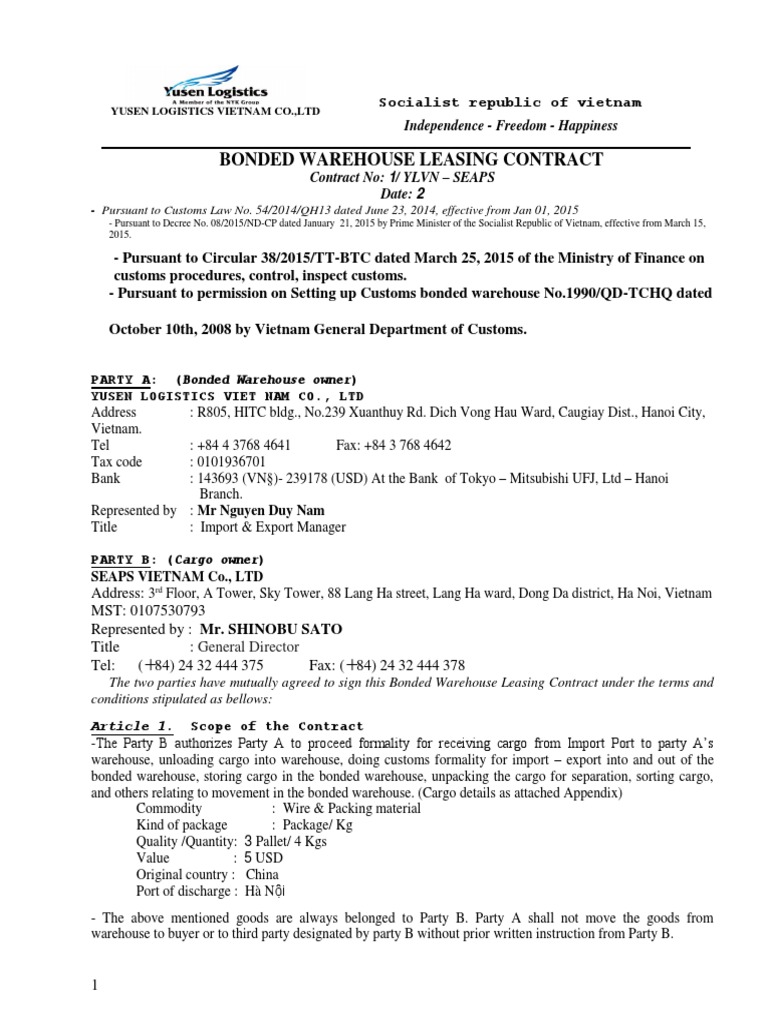 Bonded Warehouse Leasing Contract: Independence - Freedom - Happiness ...