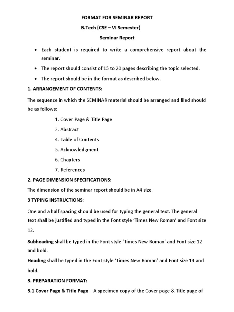 Seminar Report Format | PDF | Abstract (Summary) | Times New Roman