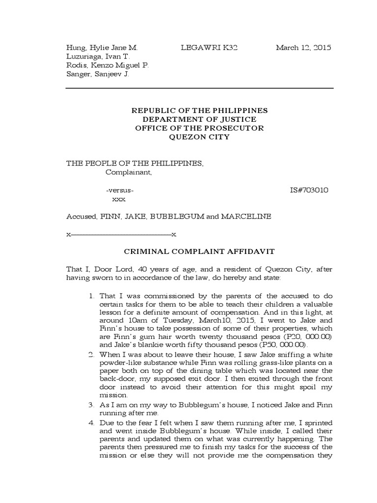 Sample Complaint Affidavit With Captions PDF | PDF | Violence