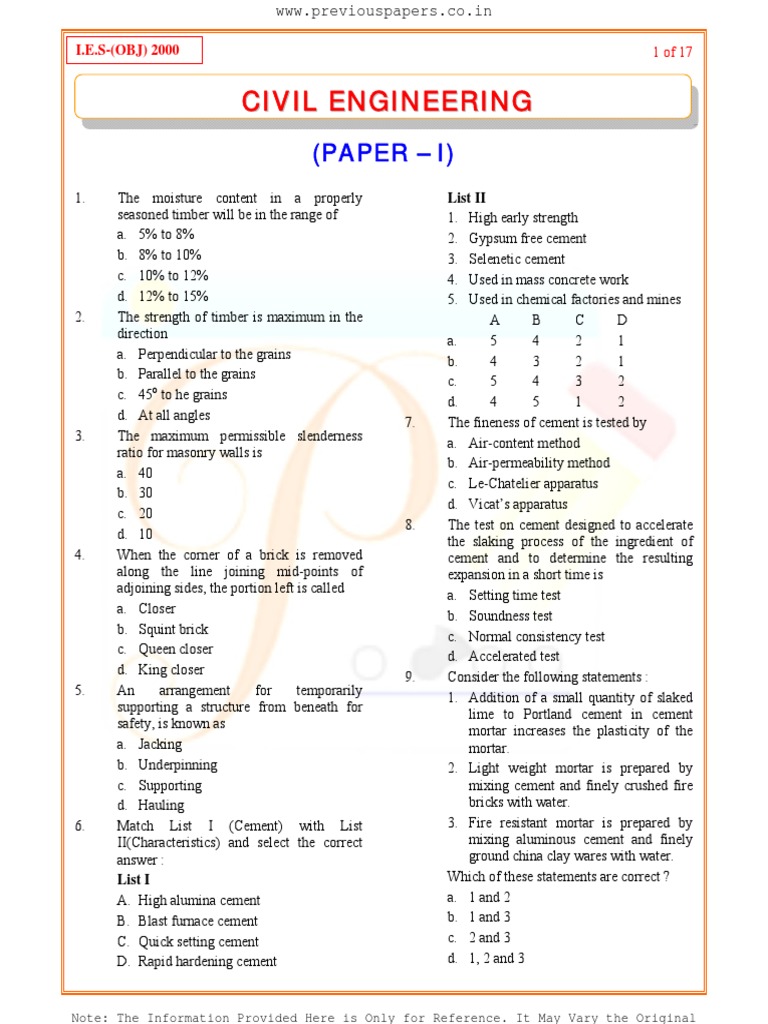 SSC JE Junior Engineer Civil Engg Exam Paper Previous Year 2000 | PDF ...