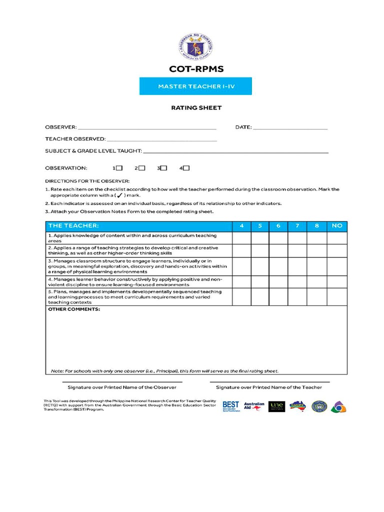Cot-Rpms Master Teacher | PDF