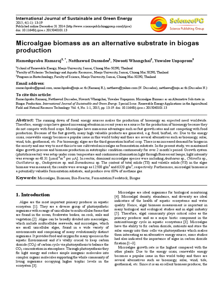 Microalgae Biomass for Biogas Production | PDF | Algae Fuel | Biofuel