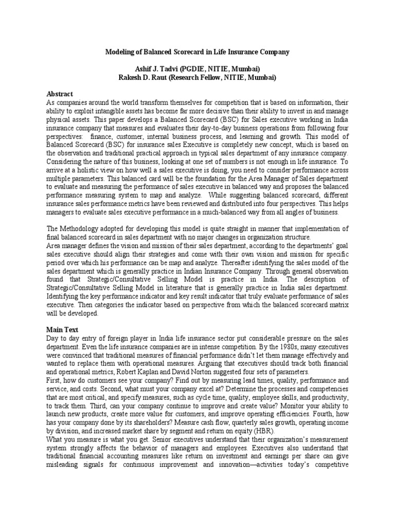 Abstarct Modeling of Balanced Scorecard in Insurance Company | PDF ...