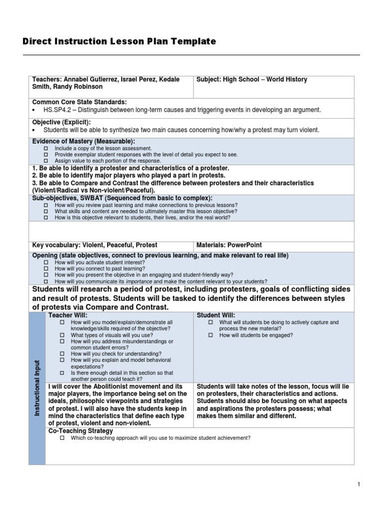Direct Instruction Lesson Plan Template | PDF | Teachers | Lesson Plan