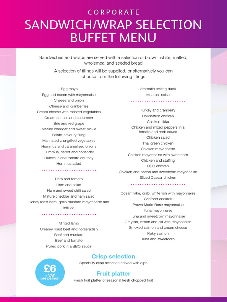 Sandwich/Wrap Selection Buffet Menu: Corporate | PDF | Stuffing | Salad