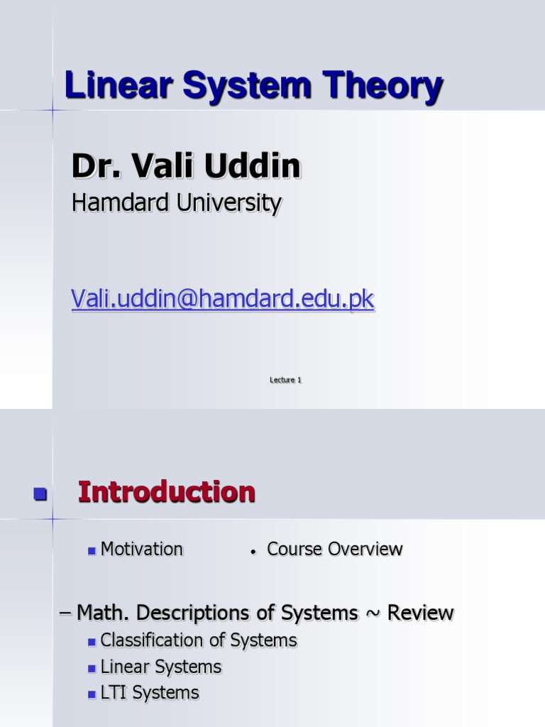 Linear System Theory: Dr. Vali Uddin | PDF | Control Theory | Laplace Transform