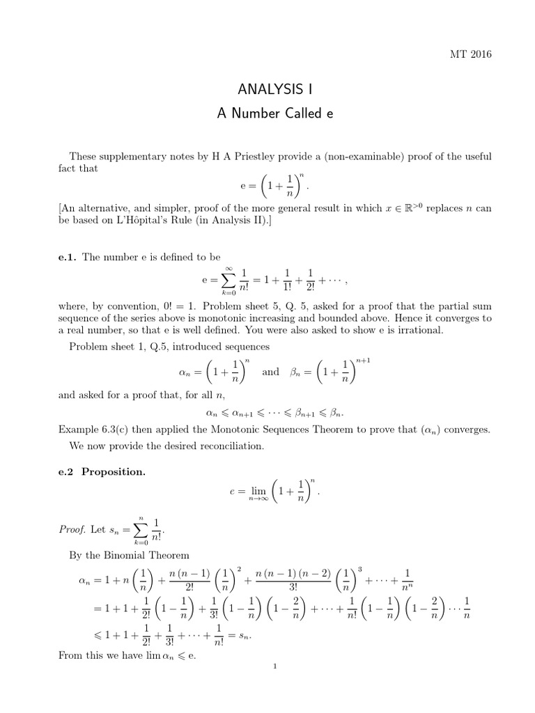 Oxford Supplementary Notes On e | PDF | Mathematical Proof | Sequence