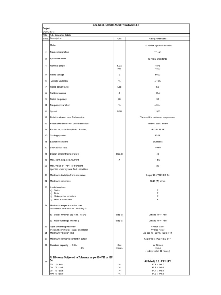 12 - 0274 - 1875kVA - 6.6kV - Data Sheet-Enquiry PDF | PDF | Physical ...