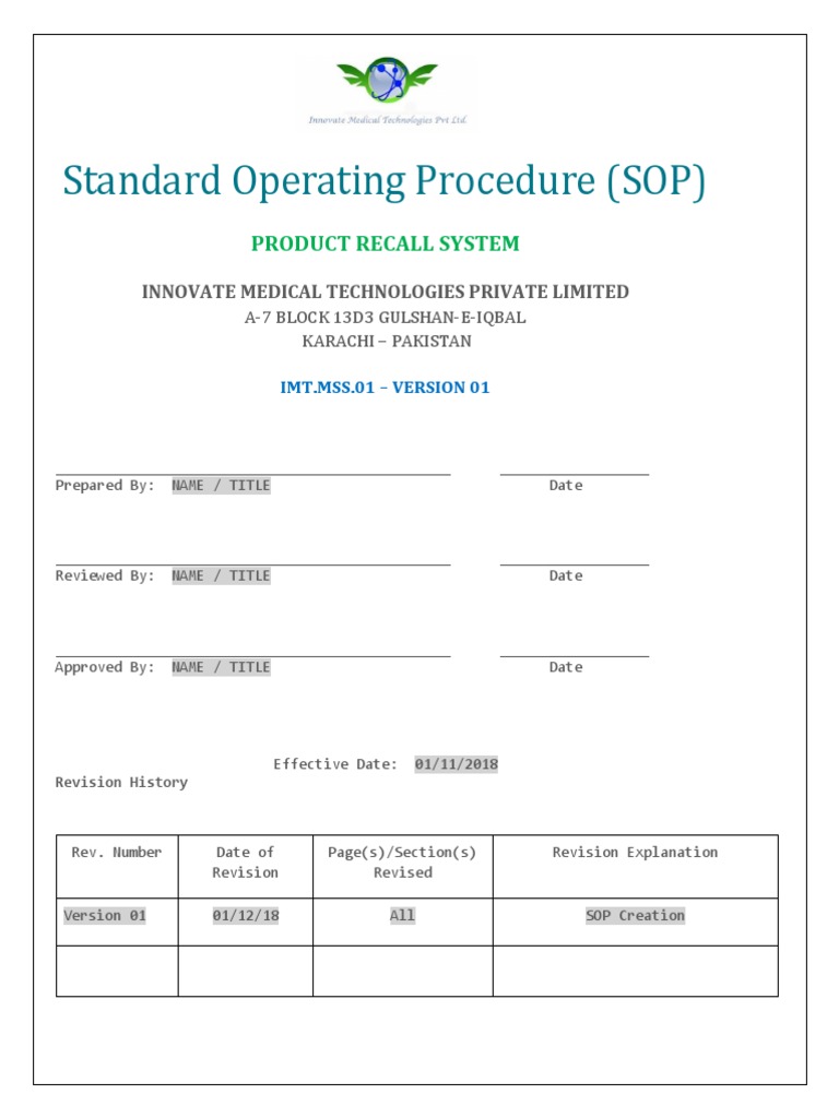 Standard Operating Procedure (SOP) : Product Recall System | PDF