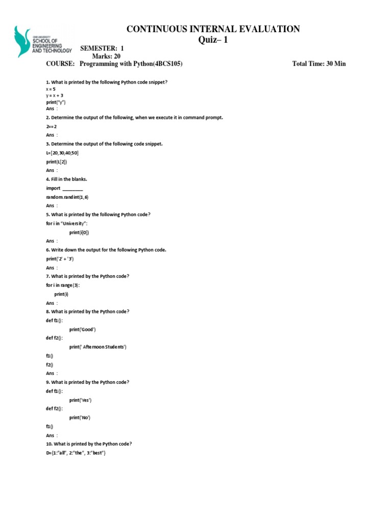 Continuous Internal Evaluation Quiz - 1 | PDF | Software Development ...