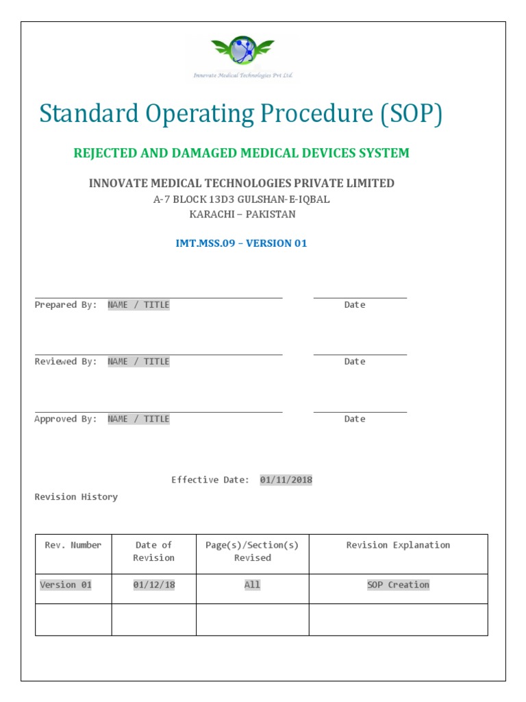 SOPs-IMT - ssm.09 Rejected and Damaged Medical Devices | PDF