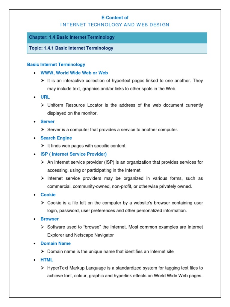 Chapter: 1.4 Basic Internet Terminology Topic: 1.4.1 Basic Internet Terminology | PDF | World ...