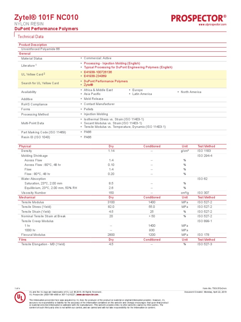 Zytel® 101F Nc010: Dupont Performance Polymers | PDF | Nylon | Young's ...