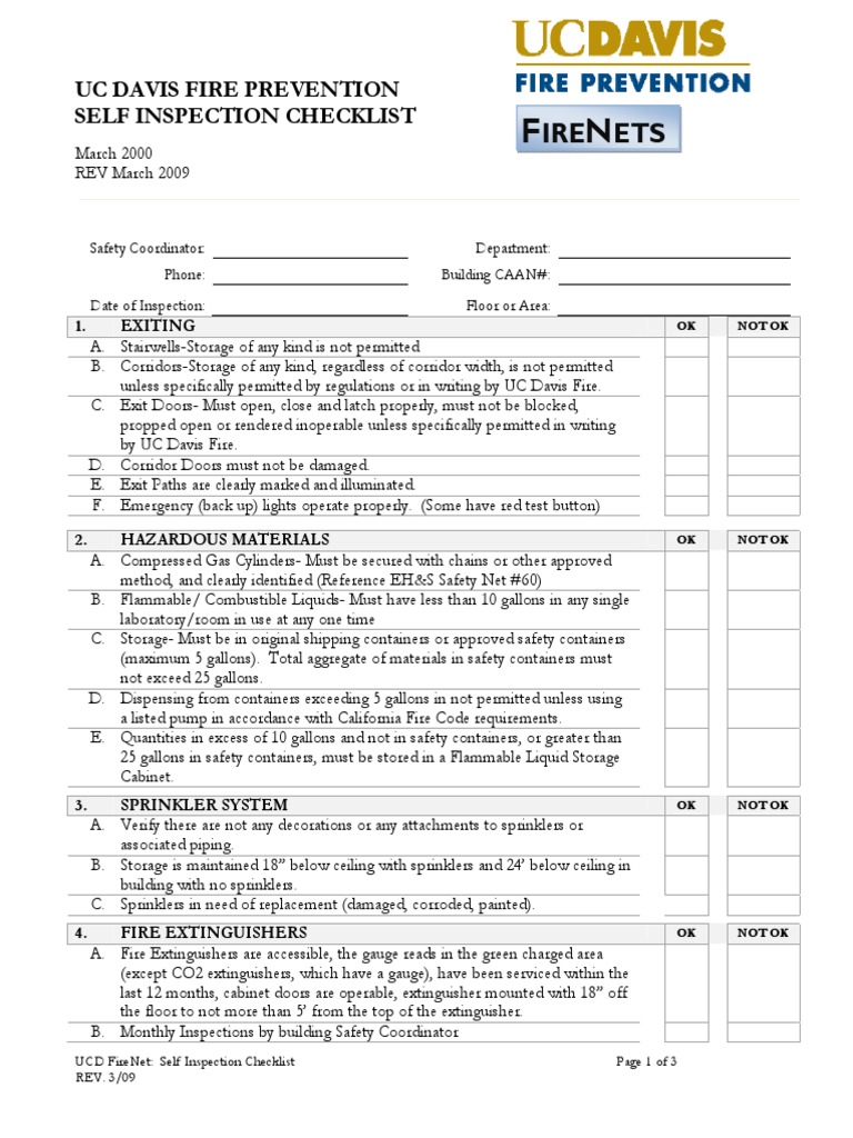 Self Inspection Checklist | PDF | Fire Sprinkler System | Hazards
