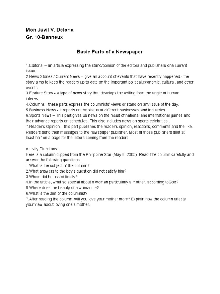 Basic Parts of A Newspaper | PDF