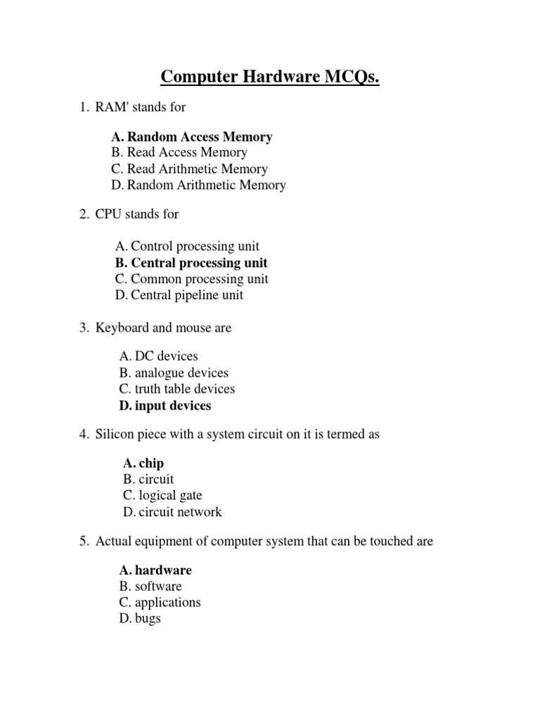 Computer Hardware MCQS.: A. Random Access Memory | PDF | Random Access Memory | Computer Data ...