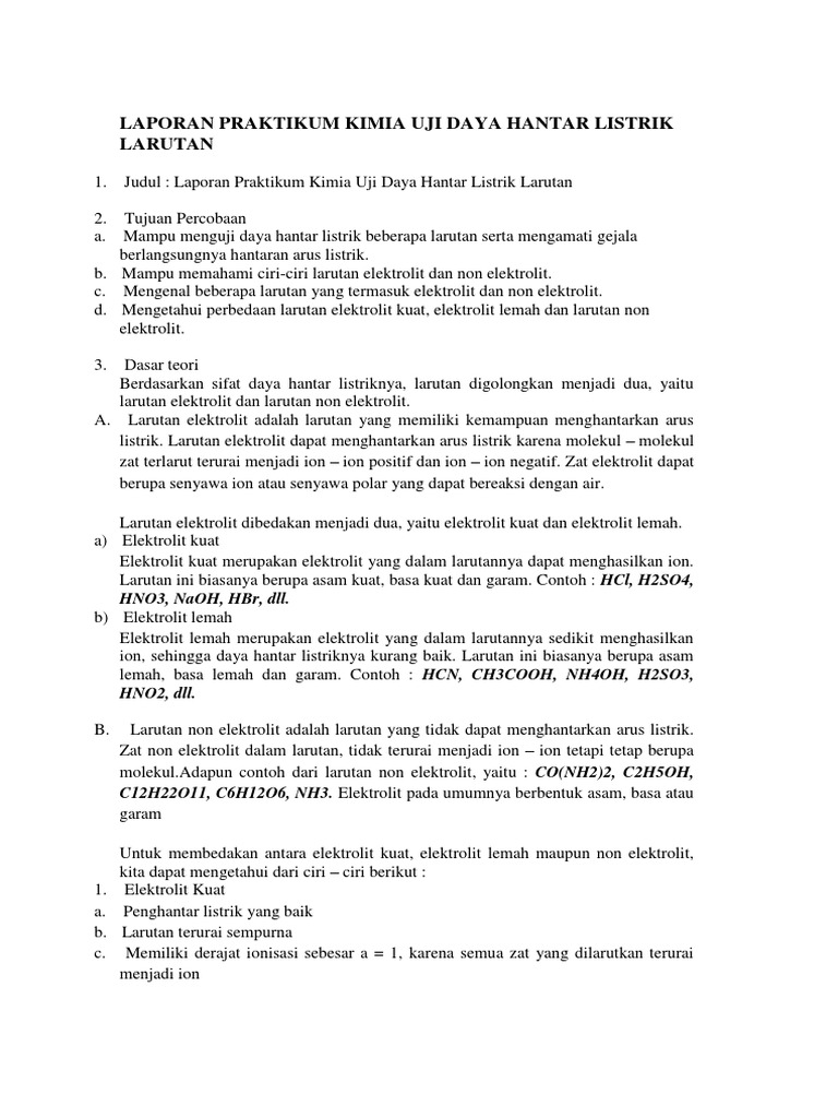 Laporan Praktikum Kimia Uji Daya Hantar Listrik Larutan | PDF