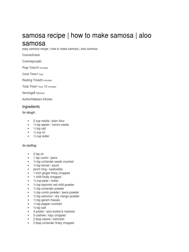 Samosa Recipe - How To Make Samosa - Aloo Samosa: Ingredients | PDF ...