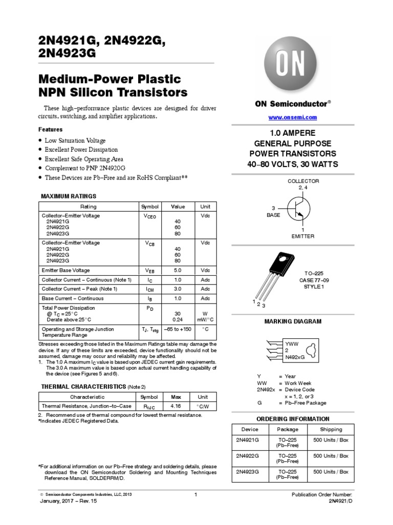 2N4921G, 2N4922G, 2N4923G Medium-Power Plastic NPN Silicon Transistors ...