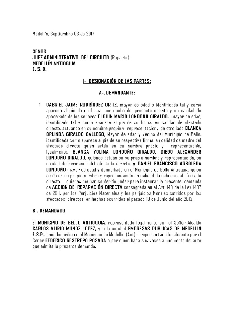 DEMANDA Reparacion Directa | Estado (política) | Intención (Derecho Penal)