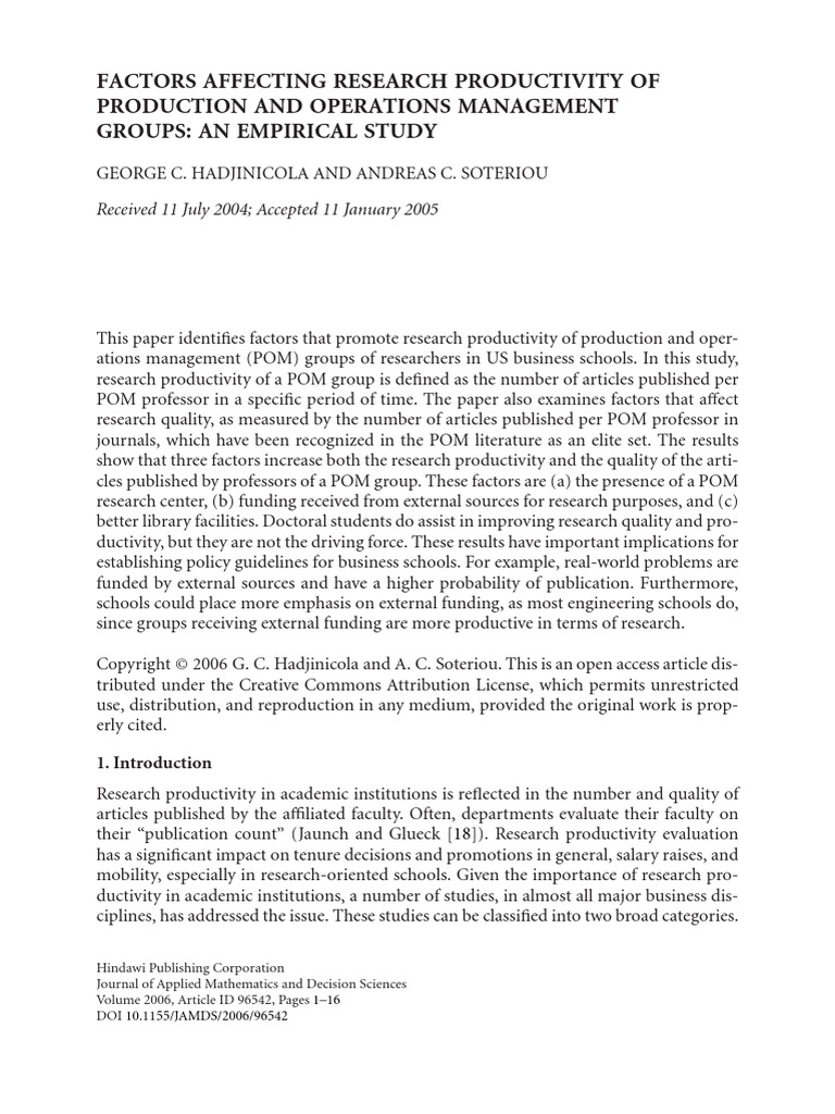 Factors Affecting Research Productivity of Production and Operations ...