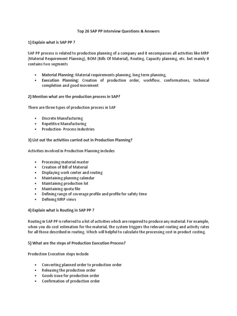 Top 26 Sap Pp Interview Questions Pdf Product Lifecycle Production And Manufacturing