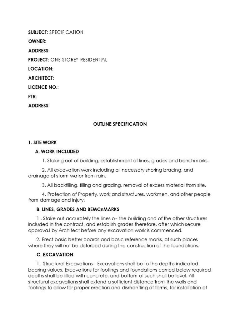 One-Storey Residential Outline Spec | PDF | Concrete | Plumbing