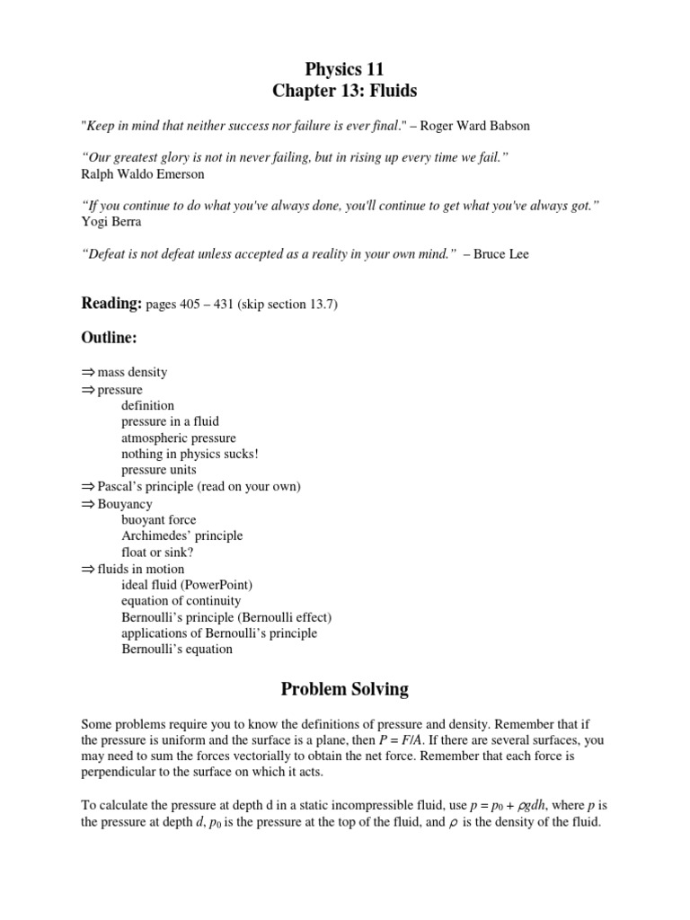 Physics 11 Chapter 13: Fluids: Reading: Outline | Download Free PDF ...