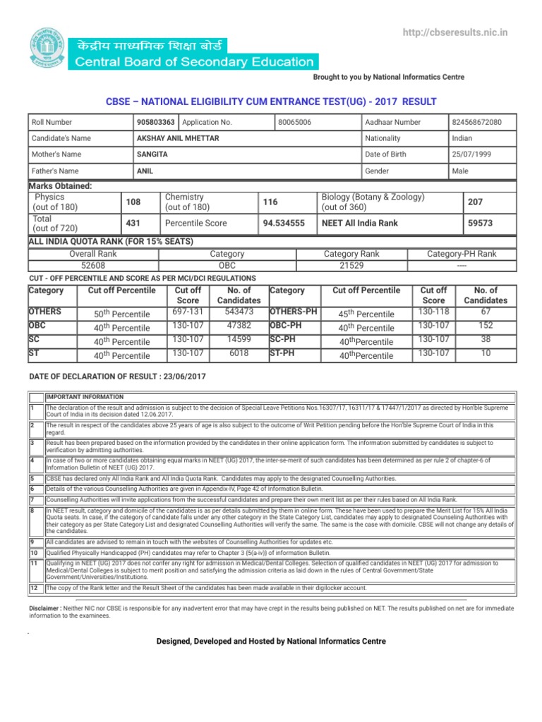 Cbse - National Eligibility Cum Entrance Test (Ug) - 2017 Result | PDF ...