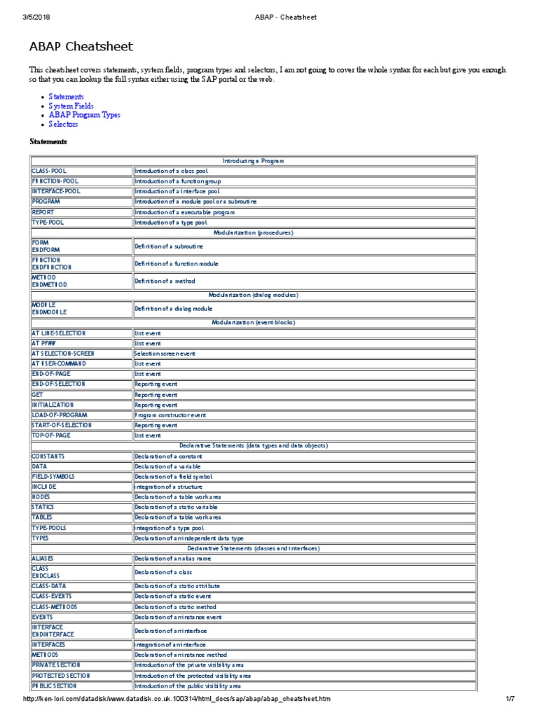 ABAP - Cheatsheet | PDF | Control Flow | Subroutine ABAP - Cheatsheet | PDF | Control Flow | Subroutine