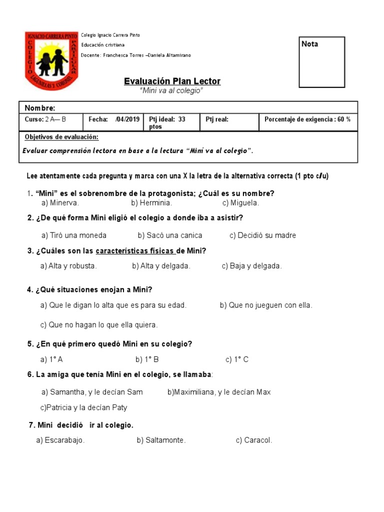 Prueba Plan Lector 2do | PDF